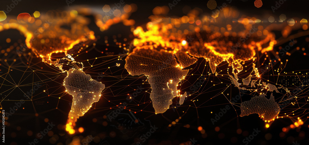 Global Network on Fire: A fiery digital world map concept, a ...