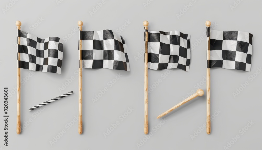 Checkered flags displayed in various positions on wooden poles against ...