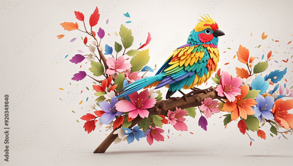 This image shows a branch with many colorful birds sitting on it. The ...
