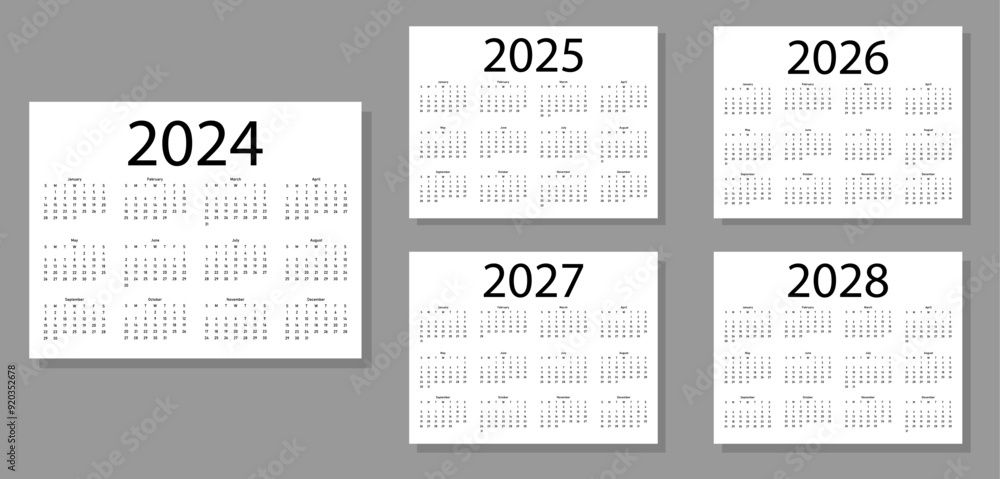 2024, 2025, 2026, 2027, 2028 years calendar. Calender layout. Week ...
