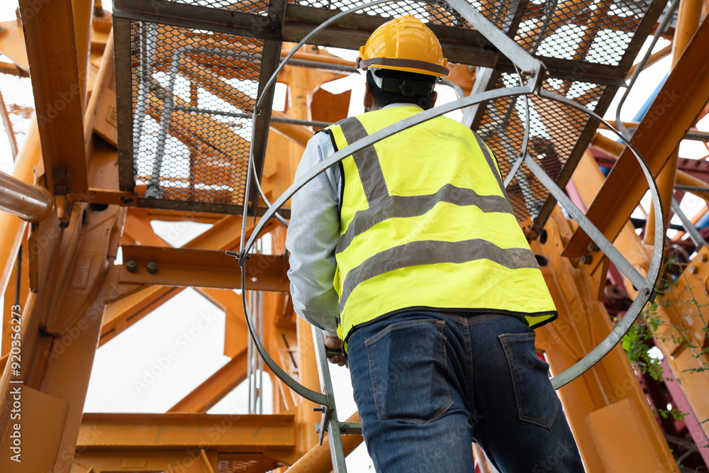 Back view Asia engineer go up the stairs to crane of maintenance at ...