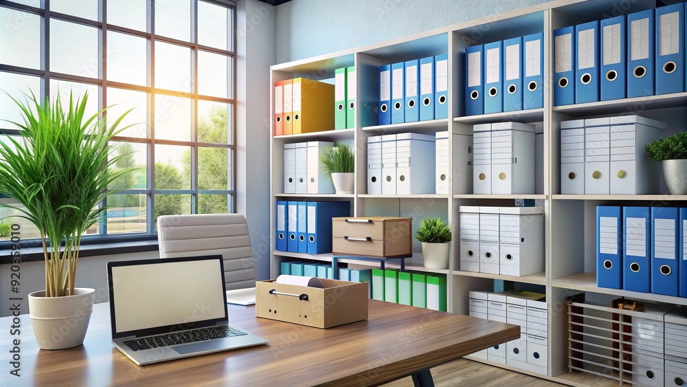 A neatly organized workspace with labeled folders, files, and a ...