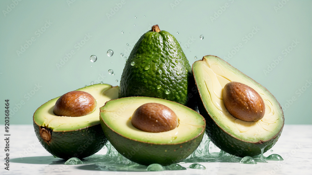 whole and halved green avocado, with water drops accentuating their ...
