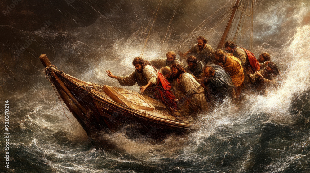 Foto de Jesus calming the storm while on a boat with his disciples do ...