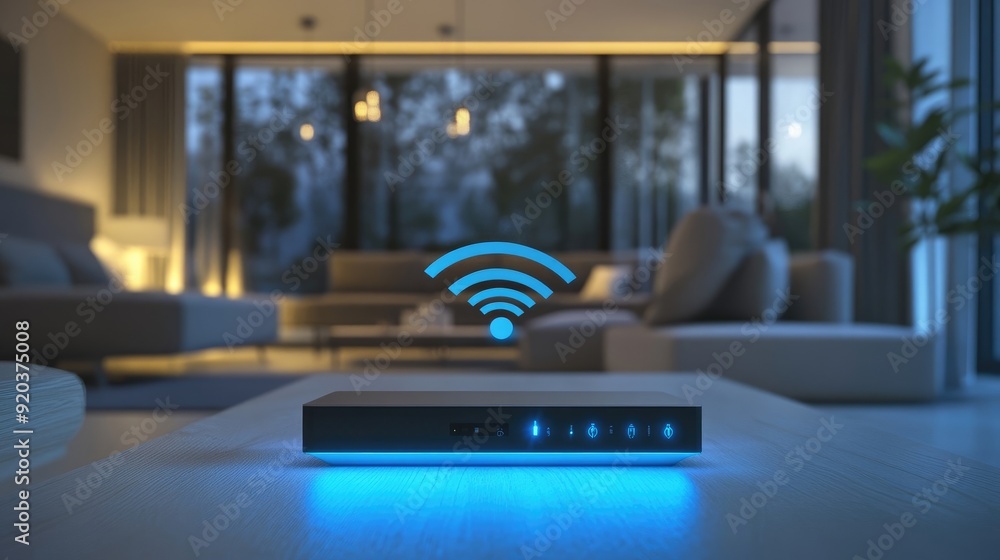 High-Tech Wireless Router with Blue LEDs and Wi-Fi Symbol in a Modern ...