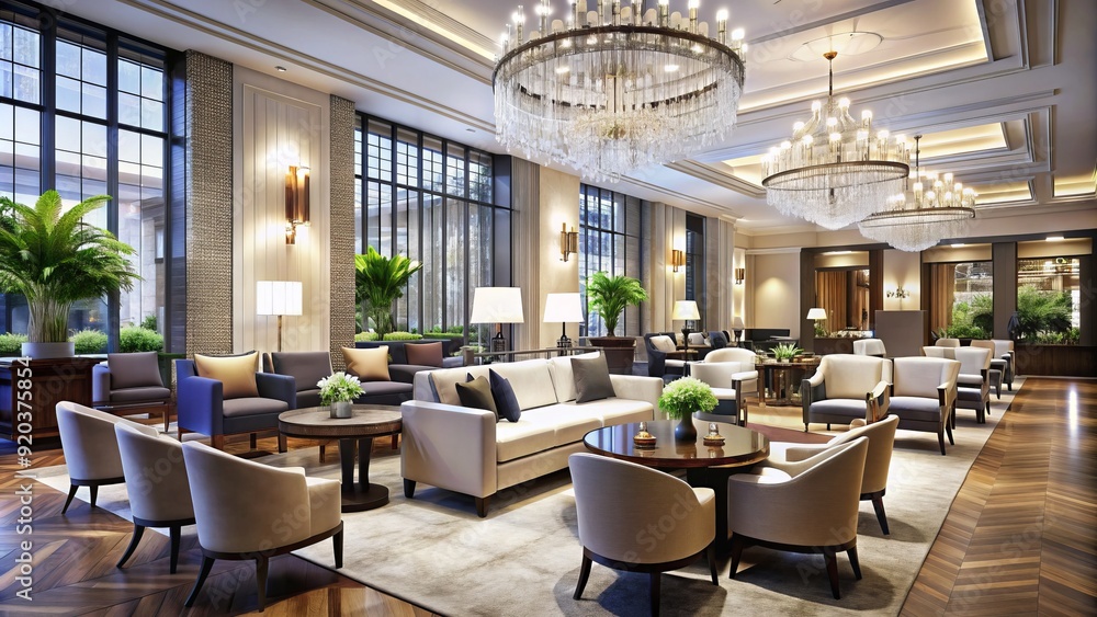 Elegant hotel lobby with comfortable seating area and modern chandelier ...