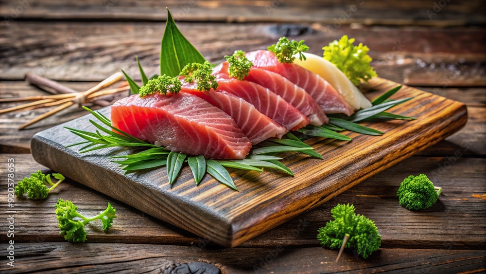 Weathered wooden board holds delicate, imperfectly sliced sashimi ...
