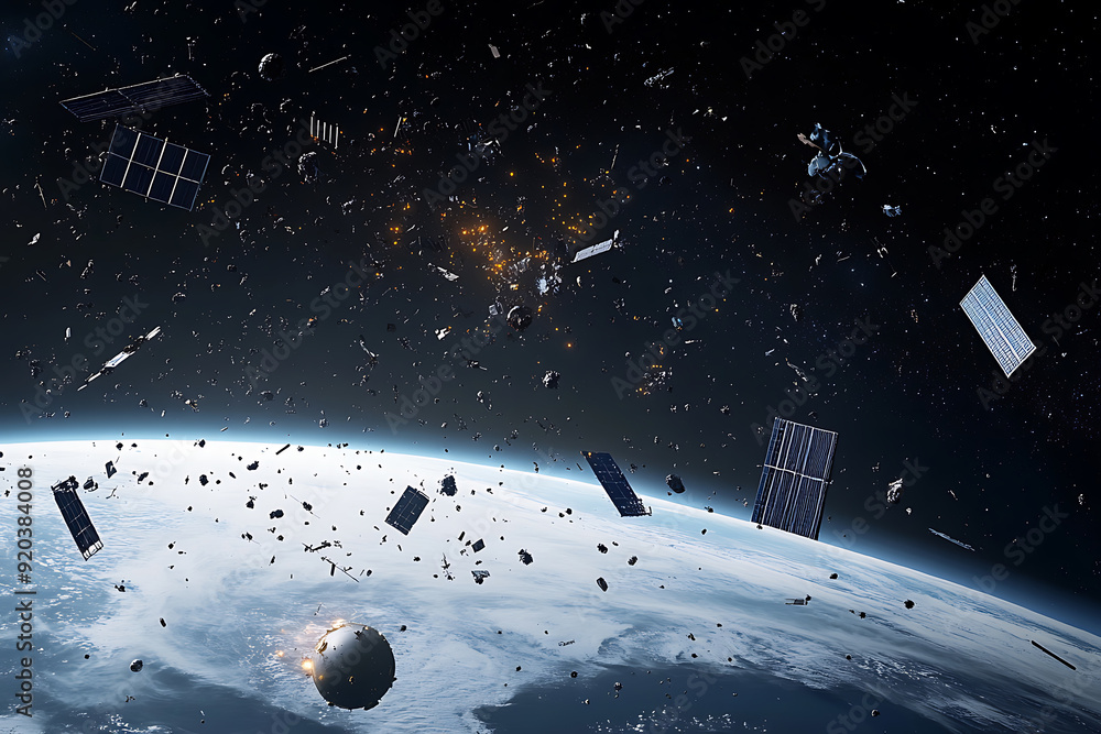 Cluster of space debris, junk and satellites surrounding planet Earth ...