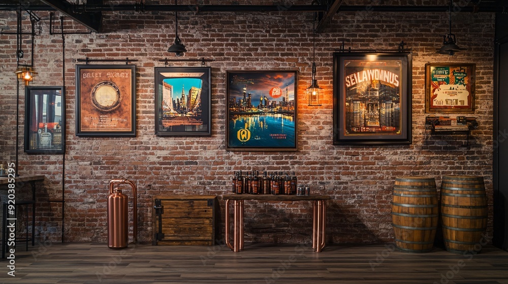 240804 178. Exposed brick wall background with vintage posters, copper ...