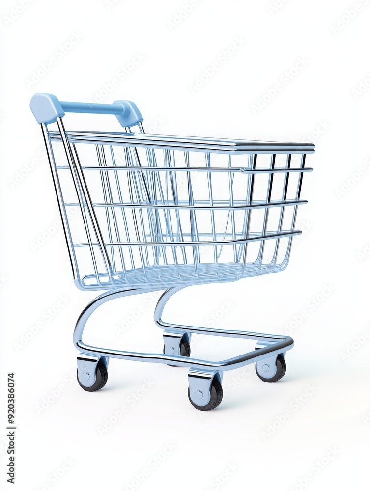 Minimalist online shopping cart, 3D tech items, front view, isolated on ...