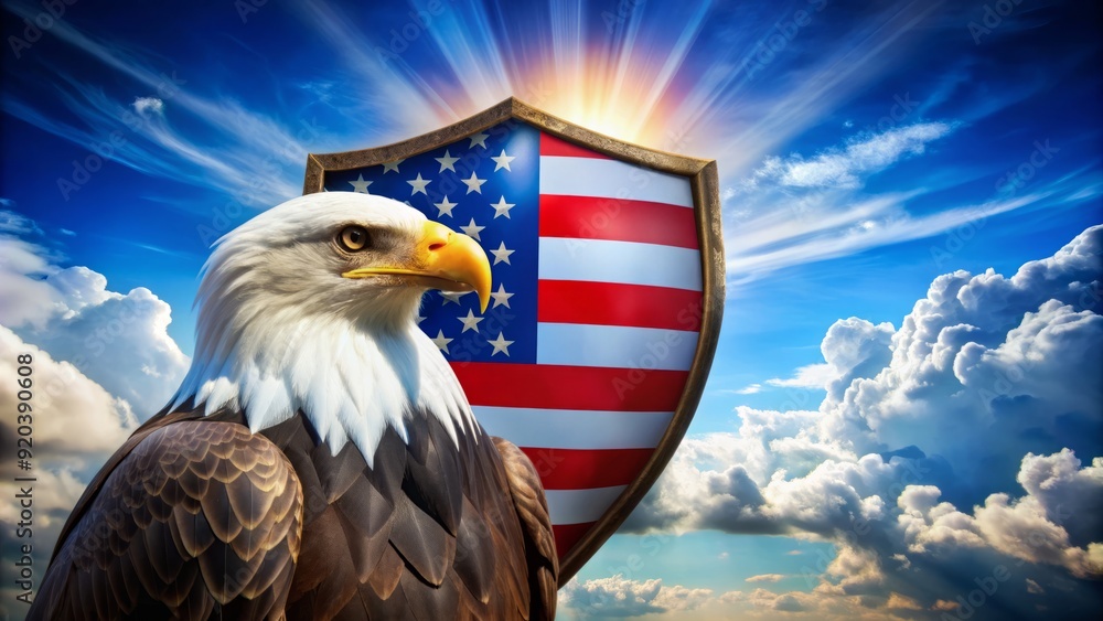 Majestic American bald eagle perched proudly within a stars-and-stripes ...