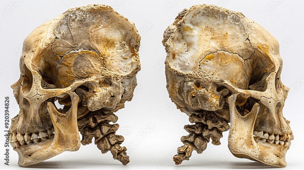 Ancient skulls exhibited in pairs, illustrating the eroded remnants and ...