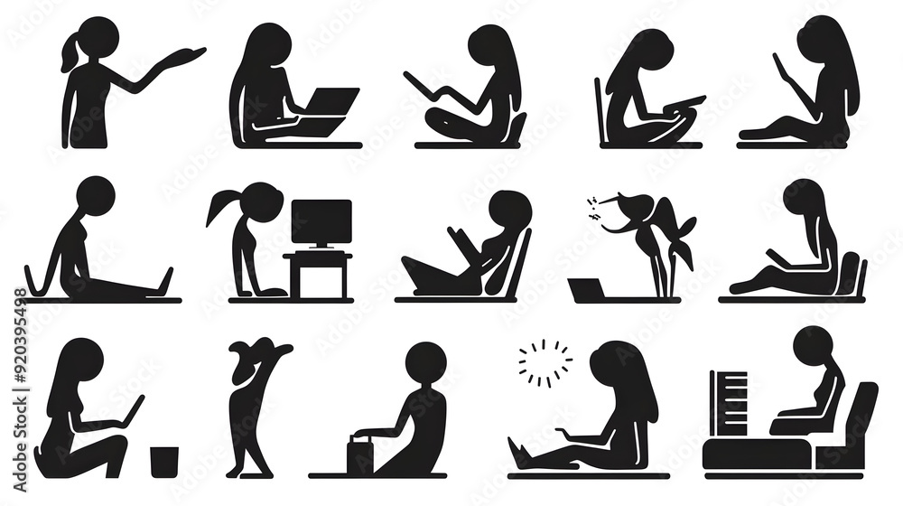Siluet berbagai pose manusia yang menunjukkan aktivitas sehari-hari ...