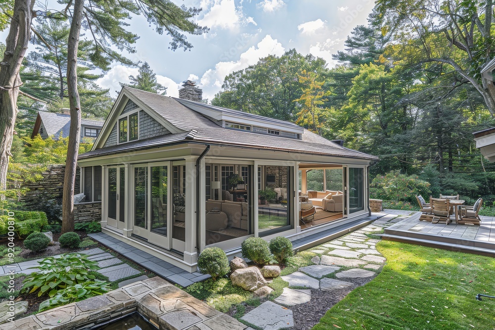 New England home with outdoor screened porch, sliding doors, grey ...