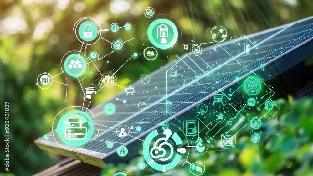 A rooftop solar panel and ESG icons, positioned against a vivid green ...