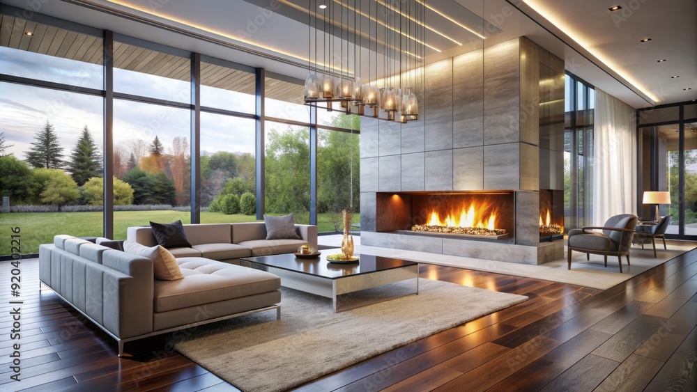 Sleek, floor-to-ceiling glass wall surrounds a modern, minimalist gas ...