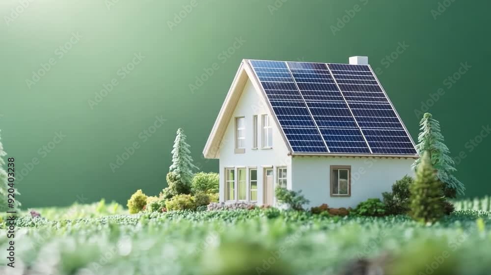 A modern house with solar panels and ESG icons on a green background ...