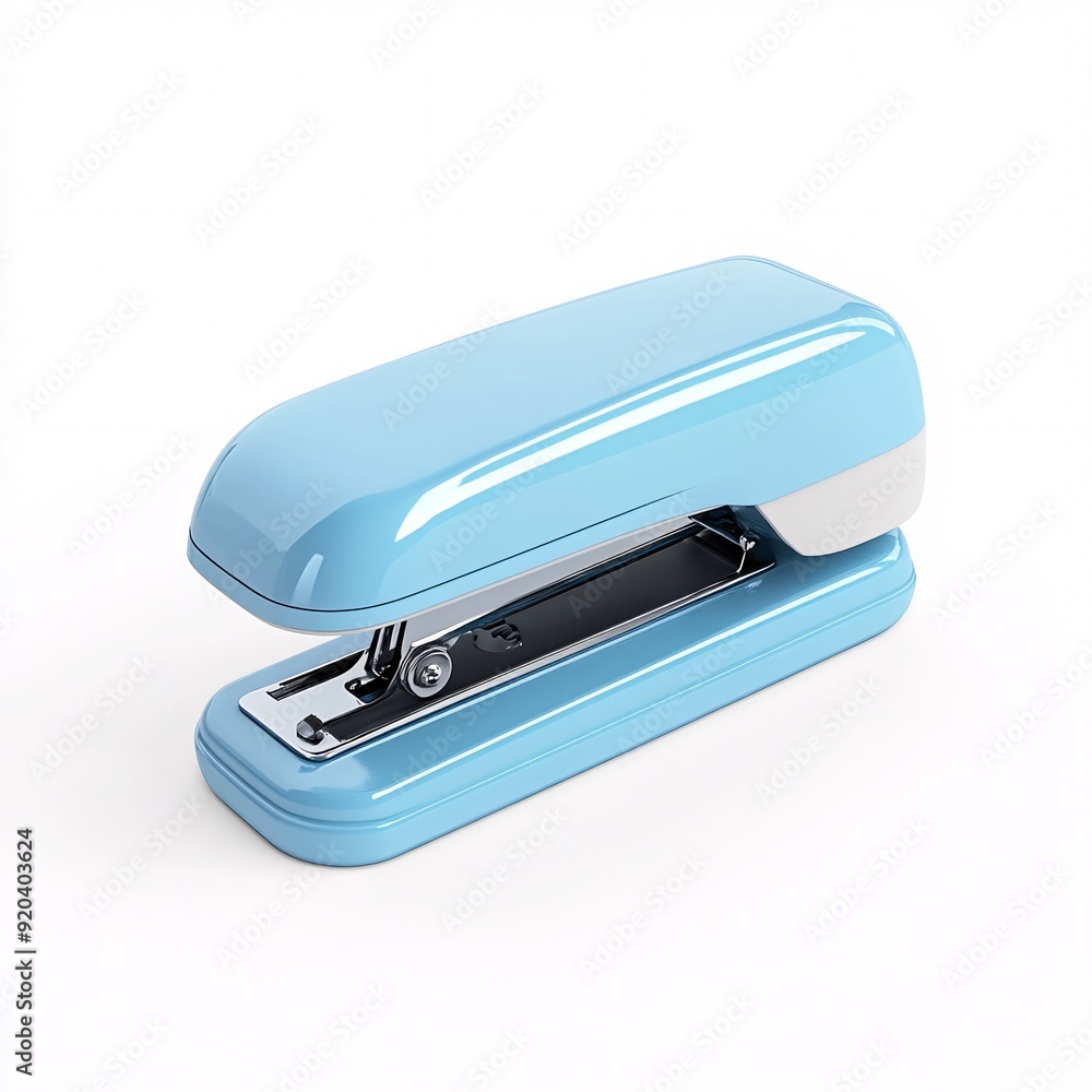 Bright blue stapler with sleek design, features shiny chrome accents ...