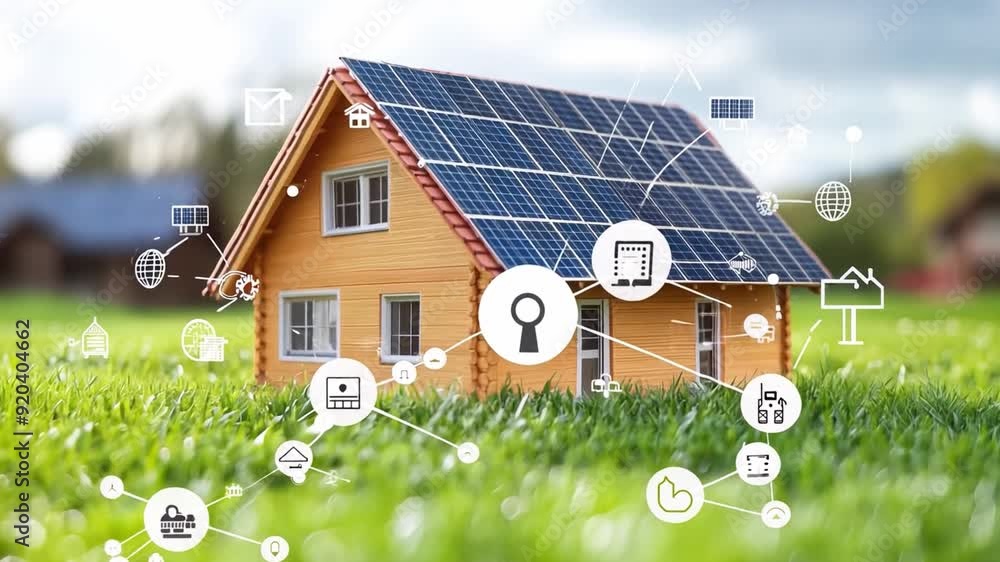 A clean energy concept with a rooftop solar panel and ESG icons is set ...