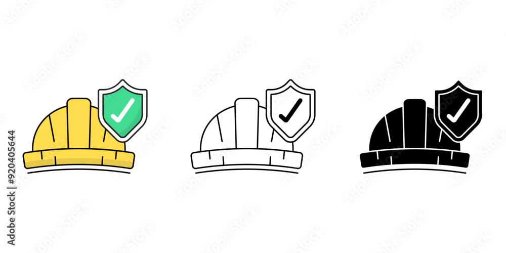 Safety helmet and safety check icons set, shield and protection symbol ...