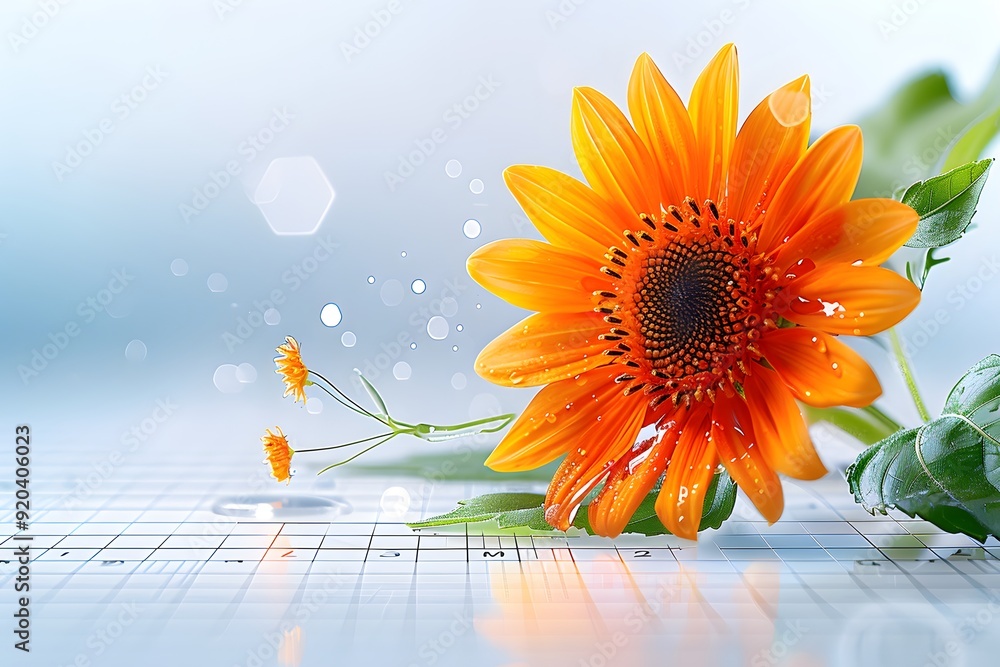 ภาพประกอบสต็อก Sunflower petals overlapping an architectural floor plan ...