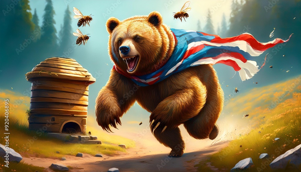 A crazy bear in the white, blue, and red scarf is running away from ...