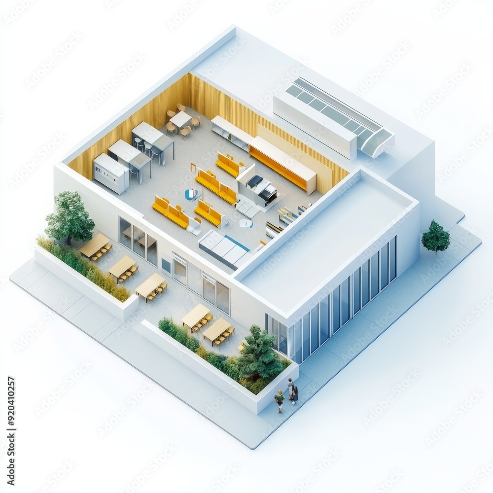 3D Render of a compact community center with a functional layout and ...