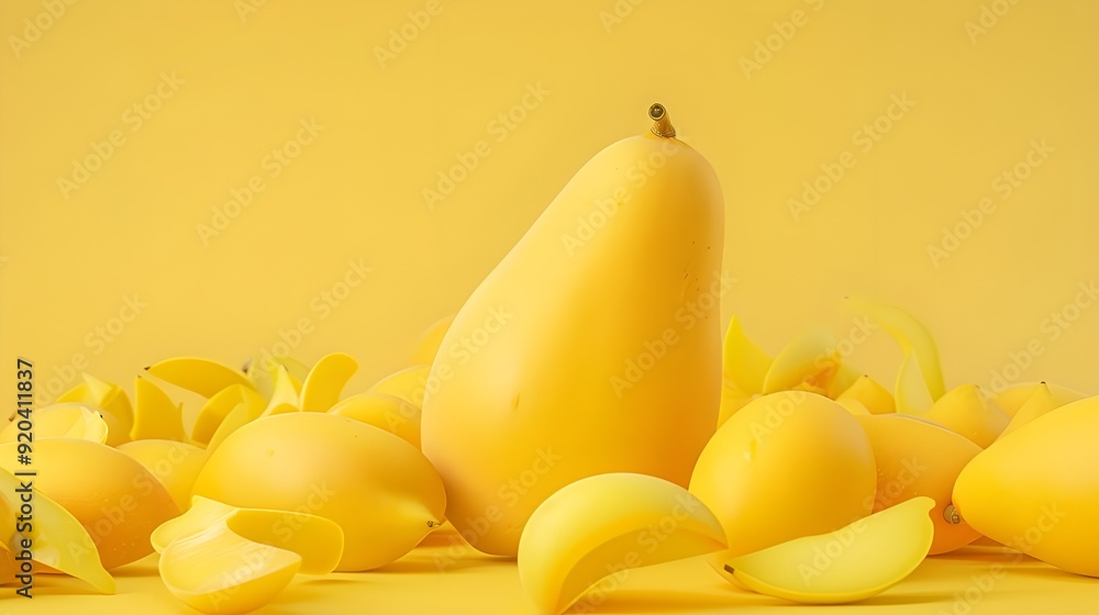 An artistic composition of a big yellow mango surrounded by smaller ...