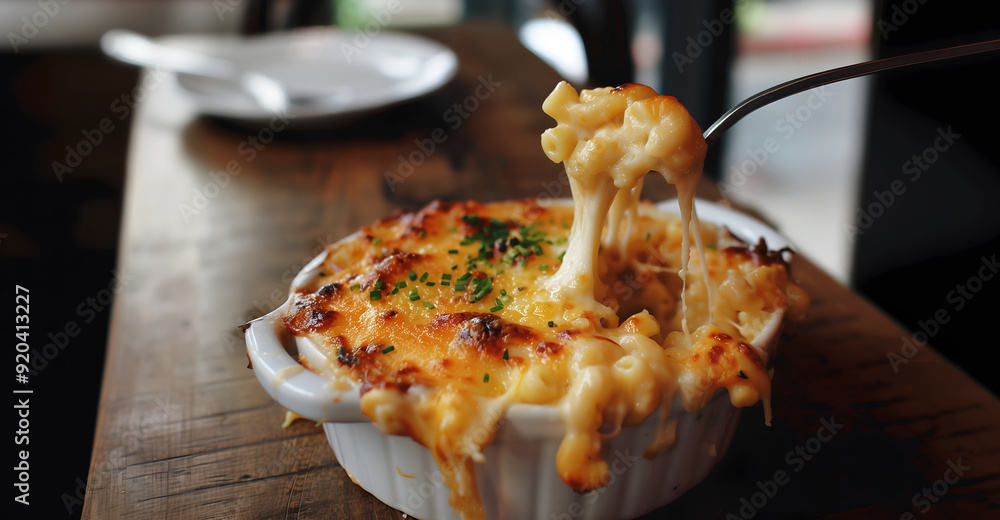 Creative food Concept. Close up of Cheesy pull classic Macaroni Mac and ...