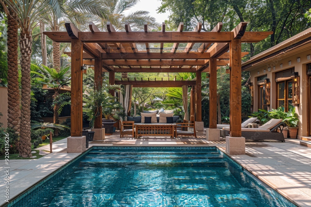 Outdoor wooden gazebo with canopies near the pool in front of a luxury ...