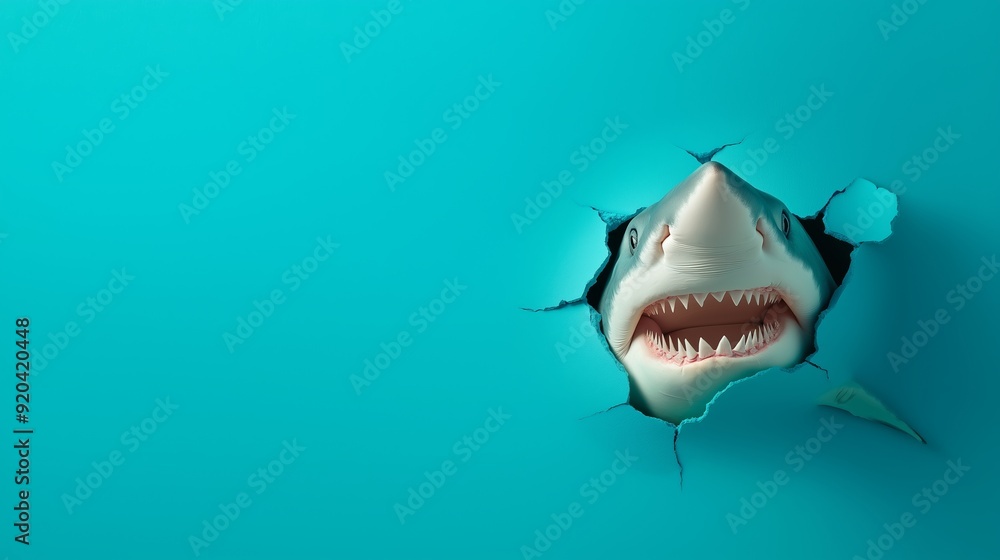 A shark is shown with its mouth wide open, looking out of a hole in the ...