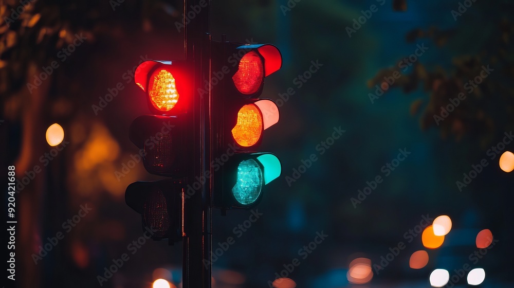 A pedestrian traffic light at night with both the red and green lights ...