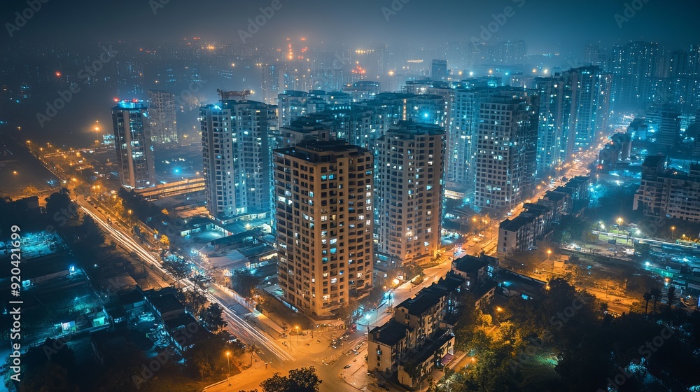 An aerial view of Gurugram downtown at night, highlighting the ...