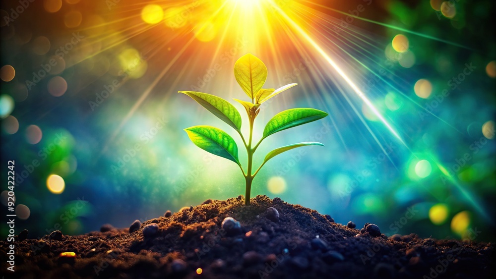 Colorful illustration of a blooming seedling surrounded by leaves and ...