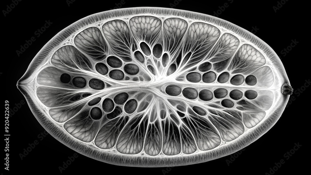 Macro X-ray image of a seed pod, revealing intricate internal structure ...