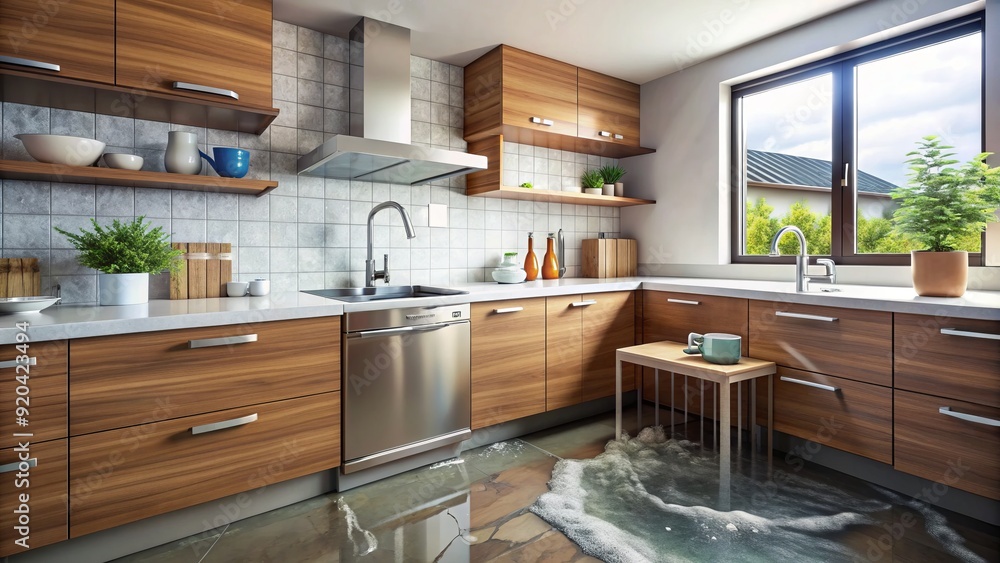Water overflow from sink creates a messy flood in a modern kitchen with ...