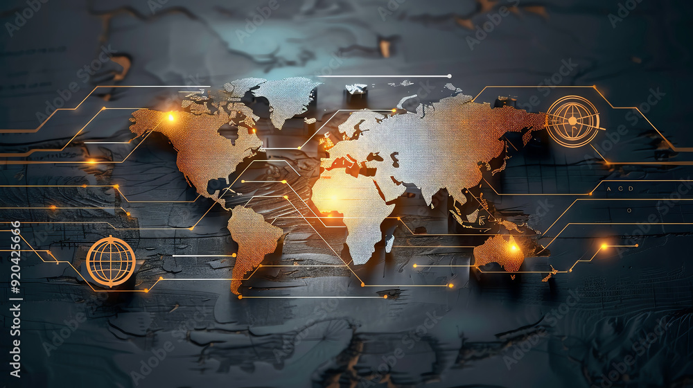 Stylish world map with glowing elements and digital technology designs ...