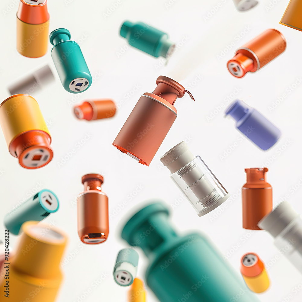Flying metered-dose inhalers captured in mid-air, showcasing a dynamic ...