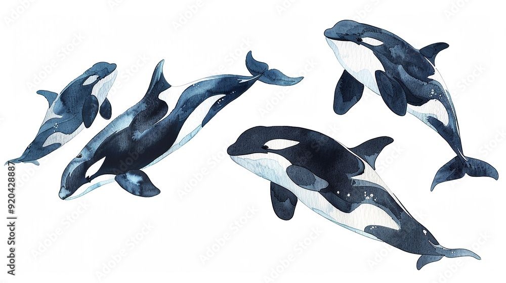 Orca pod swimming together,Clipart, watercolor illustration, Perfect ...