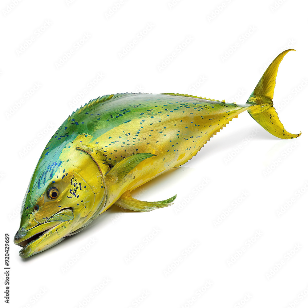 Mahi-mahi fish laying on a flat surface, isolated on white background ...