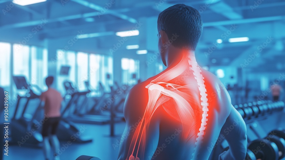 240805 23. Shoulder pain illustration in bustling gym environment ...