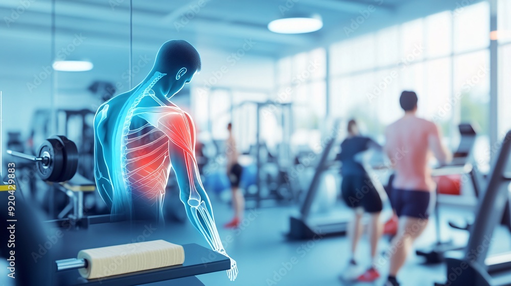 ภาพประกอบสต็อก 240805 23. Shoulder pain illustration in bustling gym ...