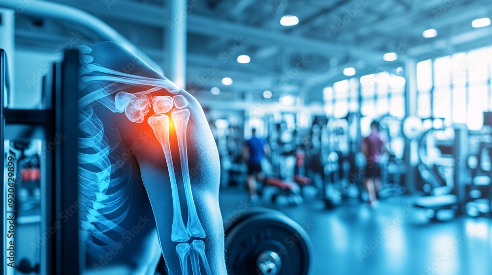 240805 23. Shoulder pain illustration in bustling gym environment ...