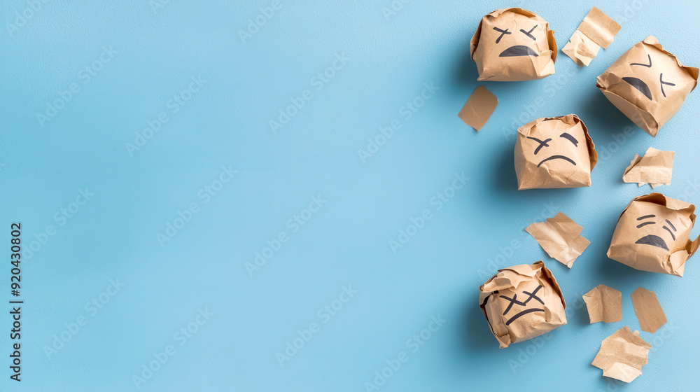 Sad paper balls with faces lying on a blue background, representing ...