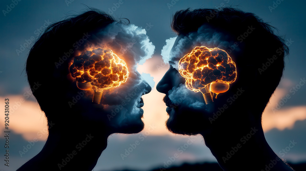 Conceptual art depicting two faces with explosive thoughts ...
