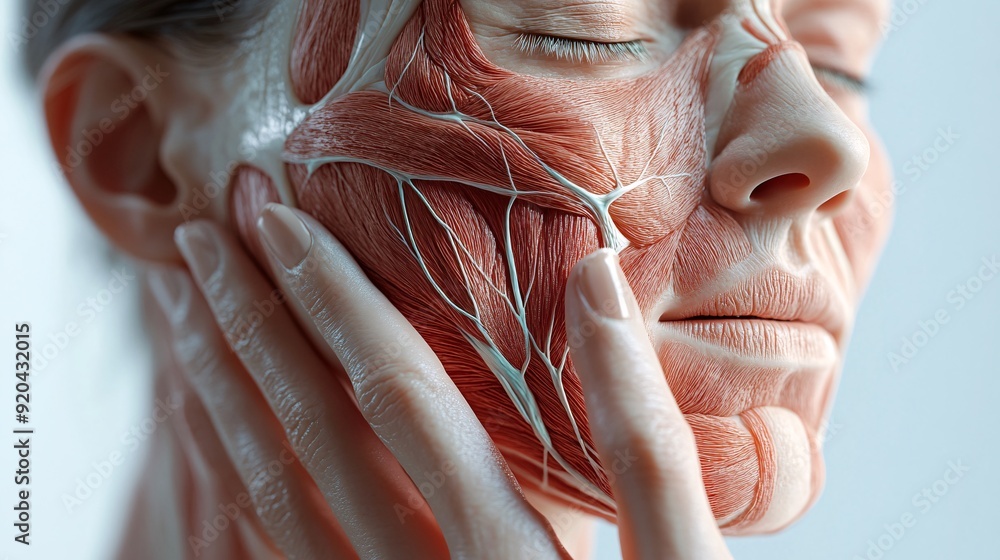 240805 103. Close-up of person touching painful face in modern office ...