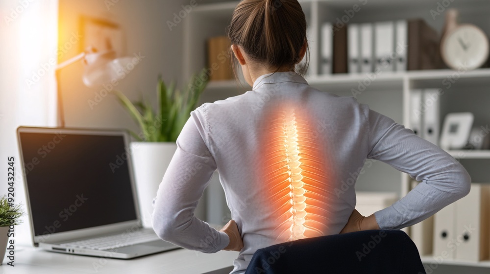 240805 111. A woman having lower back pain at office. Lumbar vertebrae ...