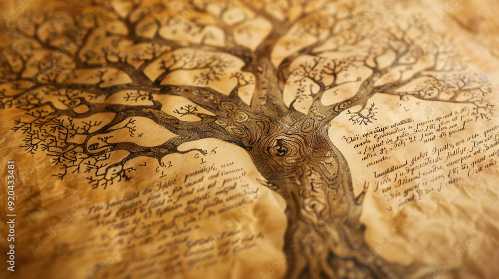 Close-up of an intricately drawn family tree chart with names and ...