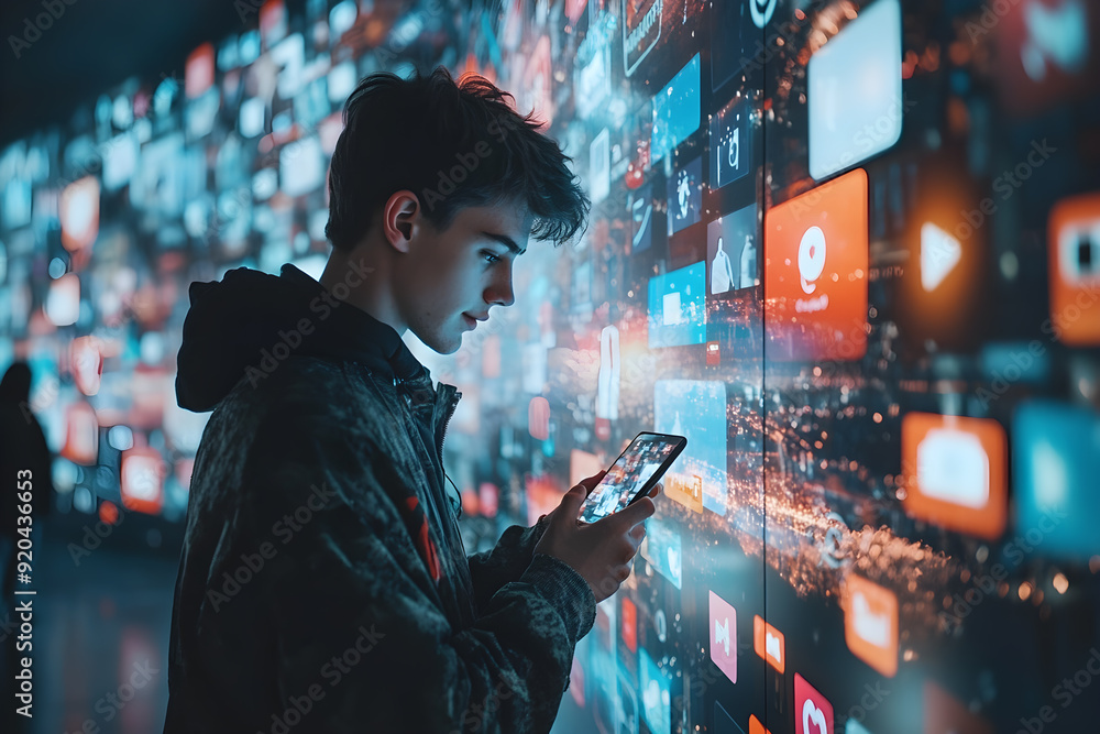 phone, standing in front of an immersive digital wall with multiple ...