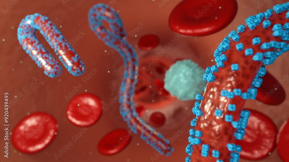 3d rendering of Marburg virus inside of blood vessels, this disease is ...